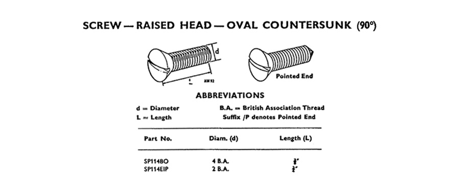 Screw - Raised Head - Oval Countersunk (90 Degree) @ Canley Classics